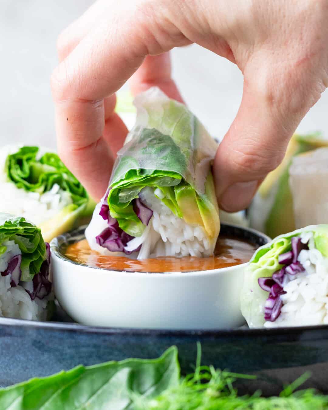 Avocado Spring Rolls with Zesty Thai Peanut Sauce - AtMyTable