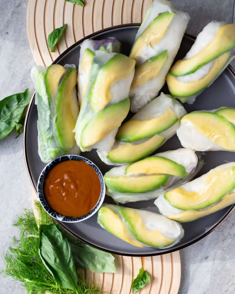 Avocado Spring Rolls with Zesty Thai Peanut Sauce - AtMyTable